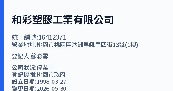 和彩塑膠工業有限公司的照片-統編 16412371(桃園市) 公司登記資料與營業項目詳細圖表