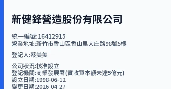 新健鋒營造股份有限公司的照片-統編 16412915(新竹市) 公司登記資料與營業項目詳細圖表
