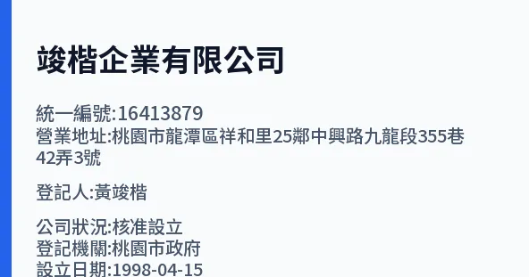 竣楷企業有限公司的照片-統編 16413879(桃園市) 公司登記資料與營業項目詳細圖表
