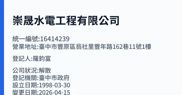 崇晟水電工程有限公司的照片-統編 16414239(臺中市) 公司登記資料與營業項目詳細圖表