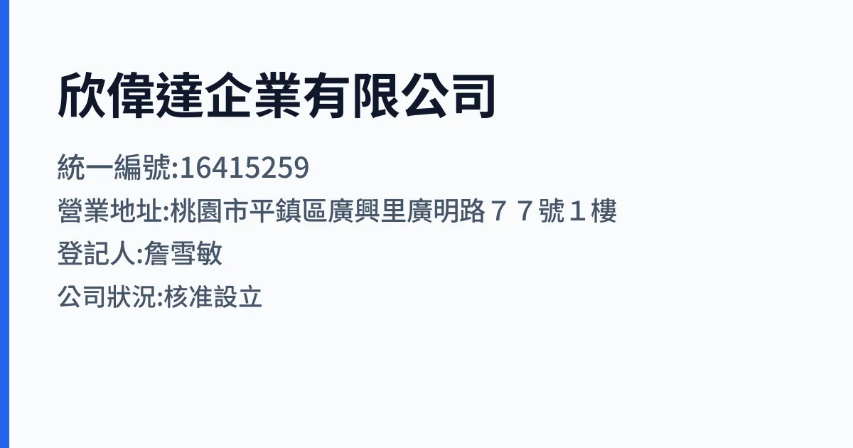 欣偉達企業有限公司 - 統編 16415259(桃園市) 公司登記資料與營業項目詳細圖表