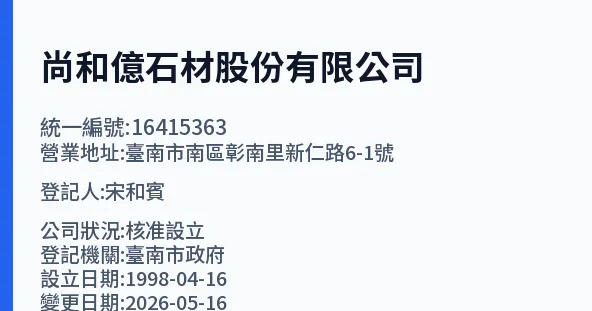 尚和億石材股份有限公司的照片-統編 16415363(臺南市) 公司登記資料與營業項目詳細圖表