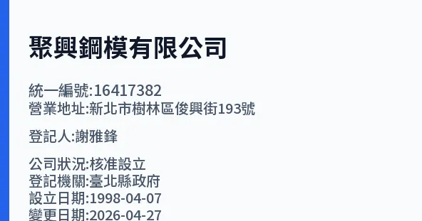聚興鋼模有限公司的照片-統編 16417382(新北市) 公司登記資料與營業項目詳細圖表