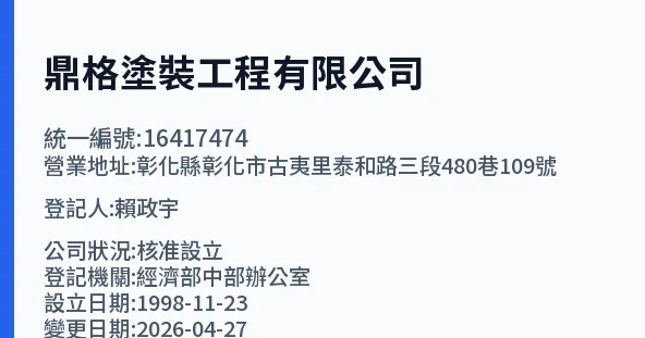 鼎格塗裝工程有限公司的照片-統編 16417474(彰化縣) 公司登記資料與營業項目詳細圖表