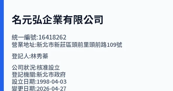 名元弘企業有限公司的照片-統編 16418262(新北市) 公司登記資料與營業項目詳細圖表