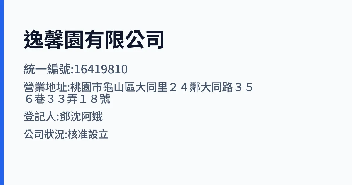 逸馨園有限公司 - 統編 16419810(桃園市) 公司登記資料與營業項目詳細圖表