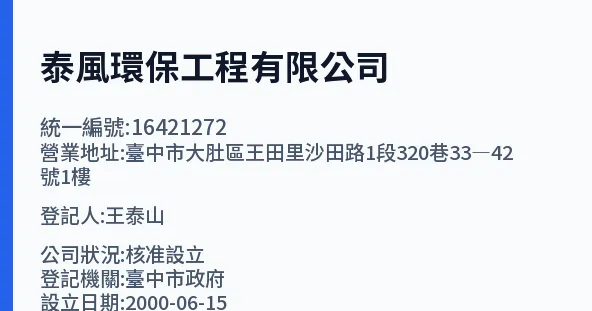 泰風環保工程有限公司的照片-統編 16421272(臺中市) 公司登記資料與營業項目詳細圖表