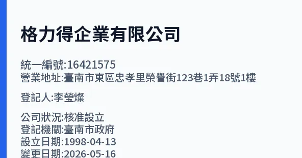 格力得企業有限公司的照片-統編 16421575(臺南市) 公司登記資料與營業項目詳細圖表