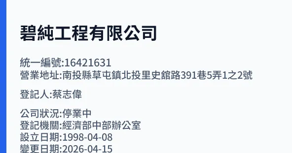 碧純工程有限公司的照片-統編 16421631(南投縣) 公司登記資料與營業項目詳細圖表