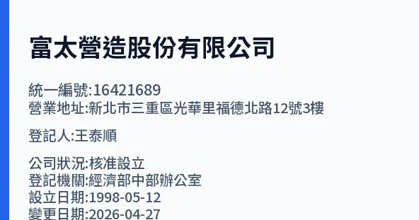 富太營造股份有限公司的照片-統編 16421689(新北市) 公司登記資料與營業項目詳細圖表