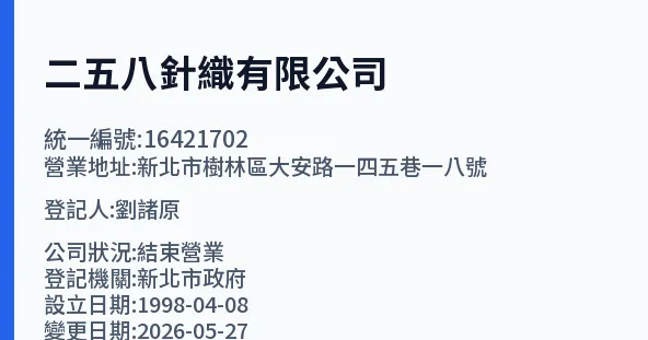 二五八針織有限公司的照片-統編 16421702(新北市) 公司登記資料與營業項目詳細圖表