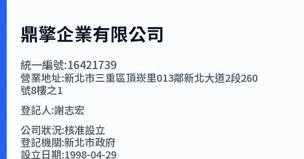 鼎擎企業有限公司的照片-統編 16421739(新北市) 公司登記資料與營業項目詳細圖表