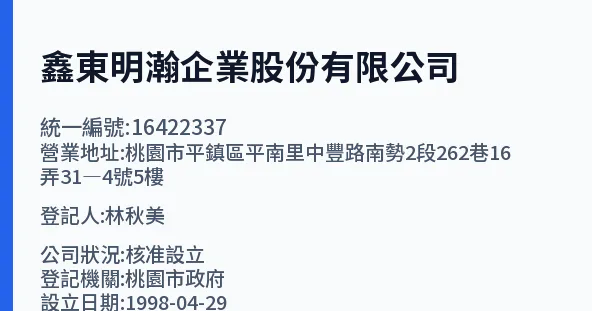 鑫東明瀚企業股份有限公司的照片-統編 16422337(桃園市) 公司登記資料與營業項目詳細圖表