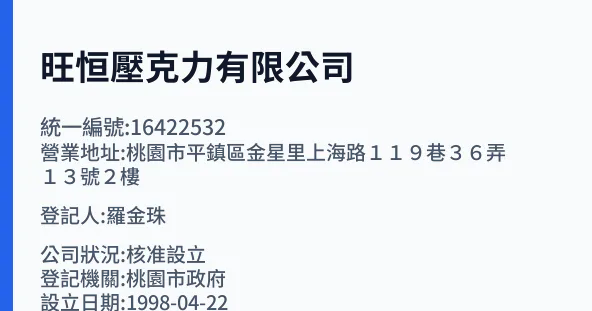 旺恒壓克力有限公司的照片-統編 16422532(桃園市) 公司登記資料與營業項目詳細圖表