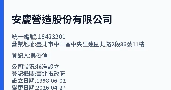 安慶營造股份有限公司的照片-統編 16423201(臺北市) 公司登記資料與營業項目詳細圖表