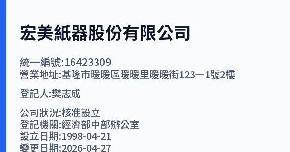 宏美紙器股份有限公司的照片-統編 16423309(基隆市) 公司登記資料與營業項目詳細圖表