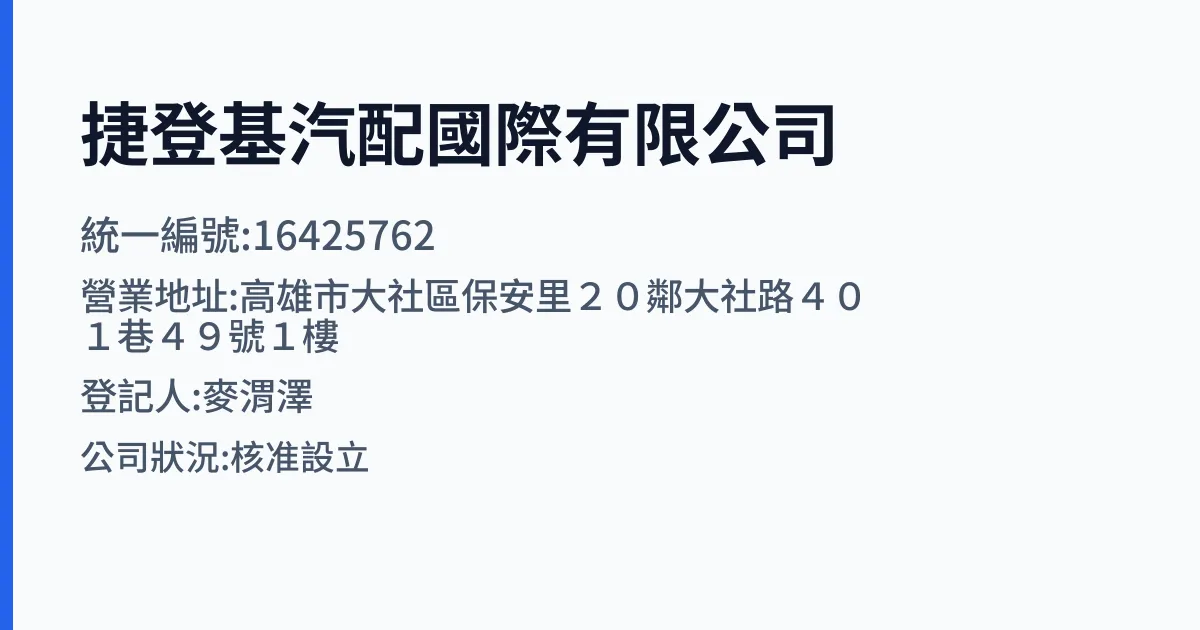 捷登基汽配國際有限公司 - 統編 16425762(高雄市) 公司登記資料與營業項目詳細圖表