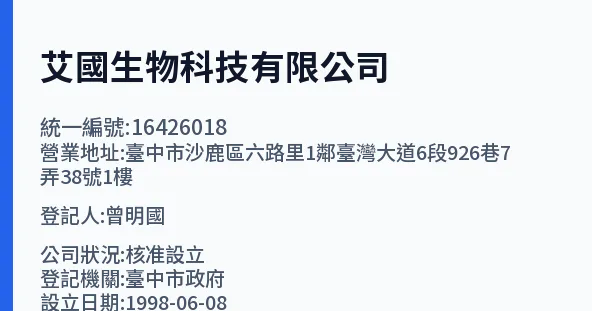 艾國生物科技有限公司的照片-統編 16426018(臺中市) 公司登記資料與營業項目詳細圖表
