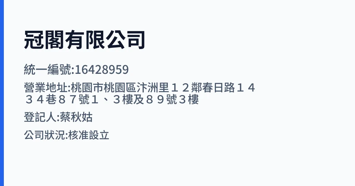 冠閣有限公司 - 統編 16428959（桃園市） 公司登記資料與營業項目詳細圖表