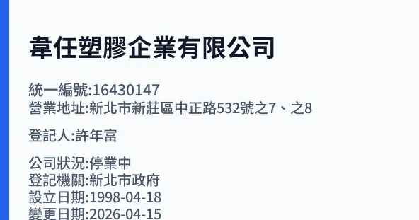 韋任塑膠企業有限公司的照片-統編 16430147(新北市) 公司登記資料與營業項目詳細圖表