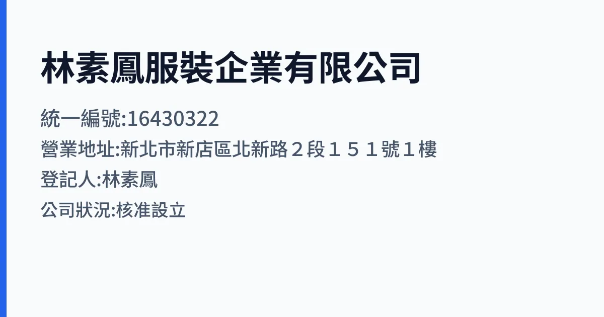 林素鳳服裝企業有限公司 - 統編 16430322(新北市) 公司登記資料與營業項目詳細圖表