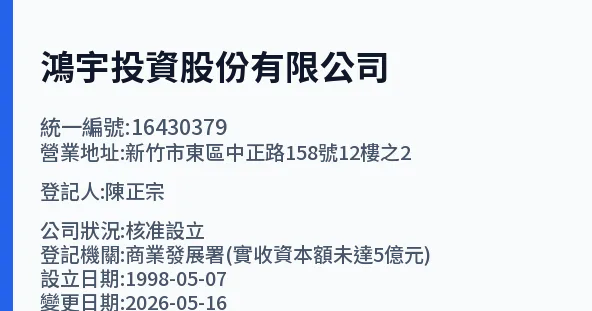 鴻宇投資股份有限公司的照片-統編 16430379(新竹市) 公司登記資料與營業項目詳細圖表