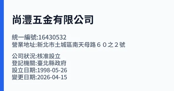 尚灃五金有限公司的照片-統編 16430532(新北市) 公司登記資料與營業項目詳細圖表