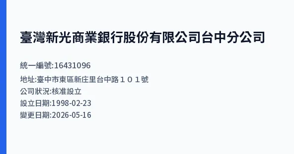 臺灣新光商業銀行股份有限公司台中分公司的照片-統編 16431096(臺中市) 公司登記資料與營業項目詳細圖表