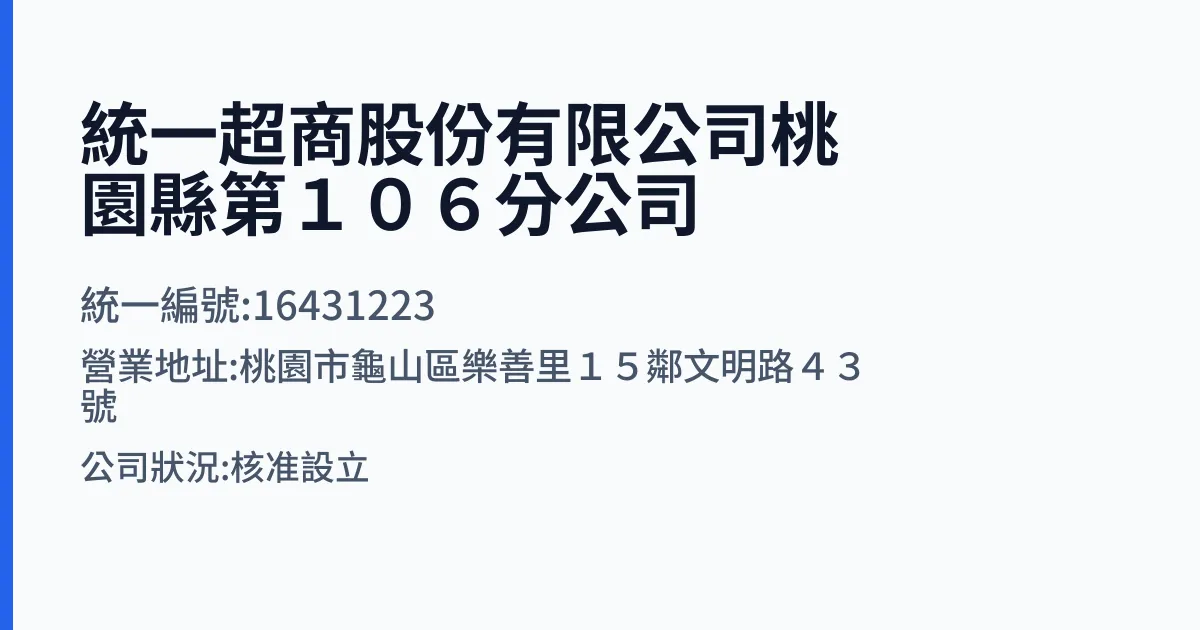 統一超商股份有限公司桃園縣第１０６分公司 - 統編 16431223(桃園市) 公司登記資料與營業項目詳細圖表