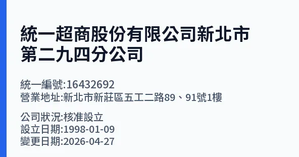 統一超商股份有限公司新北市第二九四分公司的照片-統編 16432692(新北市) 公司登記資料與營業項目詳細圖表