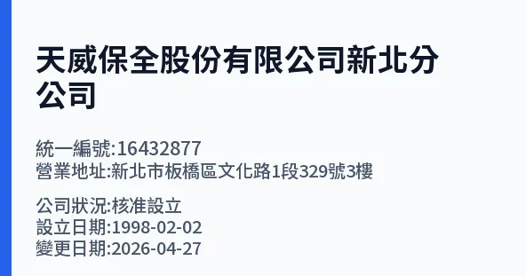 天威保全股份有限公司新北分公司的照片-統編 16432877(新北市) 公司登記資料與營業項目詳細圖表