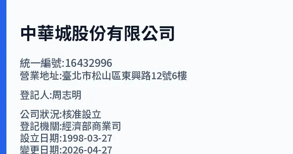中華城股份有限公司的照片-統編 16432996(臺北市) 公司登記資料與營業項目詳細圖表