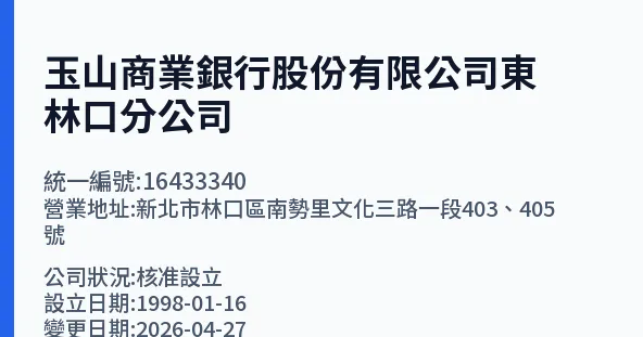 玉山商業銀行股份有限公司東林口分公司的照片-統編 16433340(新北市) 公司登記資料與營業項目詳細圖表