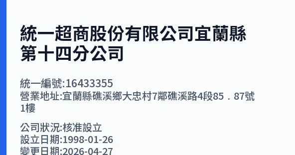 統一超商股份有限公司宜蘭縣第十四分公司的照片-統編 16433355(宜蘭縣) 公司登記資料與營業項目詳細圖表