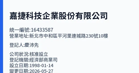 嘉捷科技企業股份有限公司的照片-統編 16433587(新北市) 公司登記資料與營業項目詳細圖表