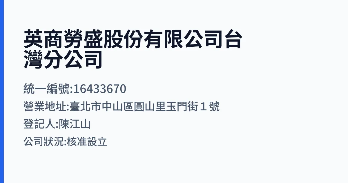 英商勞盛股份有限公司台灣分公司 - 統編 16433670(臺北市) 公司登記資料與營業項目詳細圖表