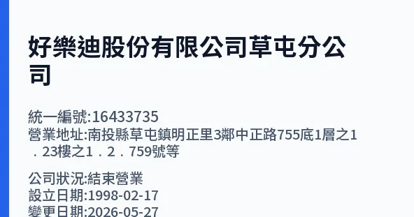 好樂迪股份有限公司草屯分公司的照片-統編 16433735(南投縣) 公司登記資料與營業項目詳細圖表