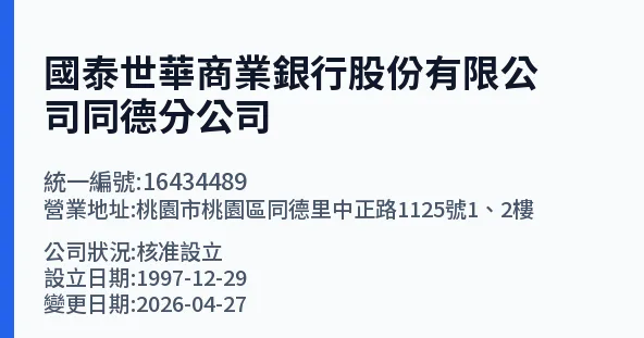 國泰世華商業銀行股份有限公司同德分公司的照片-統編 16434489(桃園市) 公司登記資料與營業項目詳細圖表