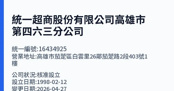 統一超商股份有限公司高雄市第四六三分公司的照片-統編 16434925(高雄市) 公司登記資料與營業項目詳細圖表