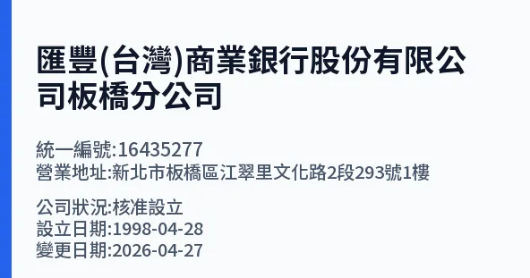 匯豐(台灣)商業銀行股份有限公司板橋分公司的照片-統編 16435277(新北市) 公司登記資料與營業項目詳細圖表