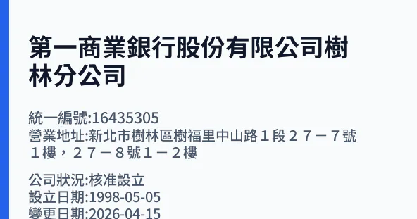 第一商業銀行股份有限公司樹林分公司的照片-統編 16435305(新北市) 公司登記資料與營業項目詳細圖表