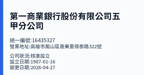第一商業銀行股份有限公司五甲分公司的照片-統編 16435327(高雄市) 公司登記資料與營業項目詳細圖表