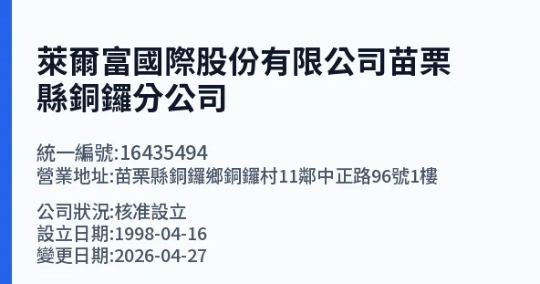 萊爾富國際股份有限公司苗栗縣銅鑼分公司的照片-統編 16435494(苗栗縣) 公司登記資料與營業項目詳細圖表