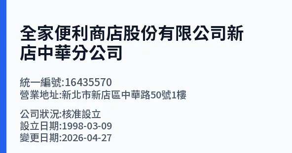 全家便利商店股份有限公司新店中華分公司的照片-統編 16435570(新北市) 公司登記資料與營業項目詳細圖表