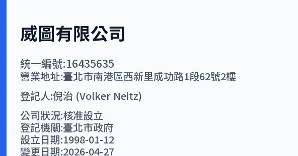 威圖有限公司的照片-統編 16435635(臺北市) 公司登記資料與營業項目詳細圖表