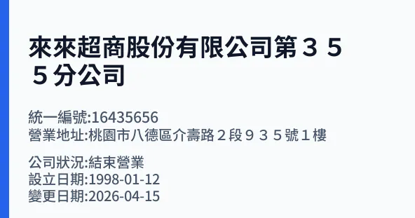 來來超商股份有限公司第３５５分公司的照片-統編 16435656(桃園市) 公司登記資料與營業項目詳細圖表