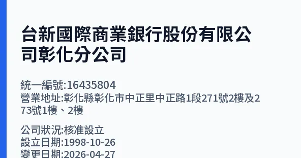 台新國際商業銀行股份有限公司彰化分公司的照片-統編 16435804(彰化縣) 公司登記資料與營業項目詳細圖表