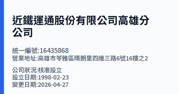 近鐵運通股份有限公司高雄分公司的照片-統編 16435868(高雄市) 公司登記資料與營業項目詳細圖表