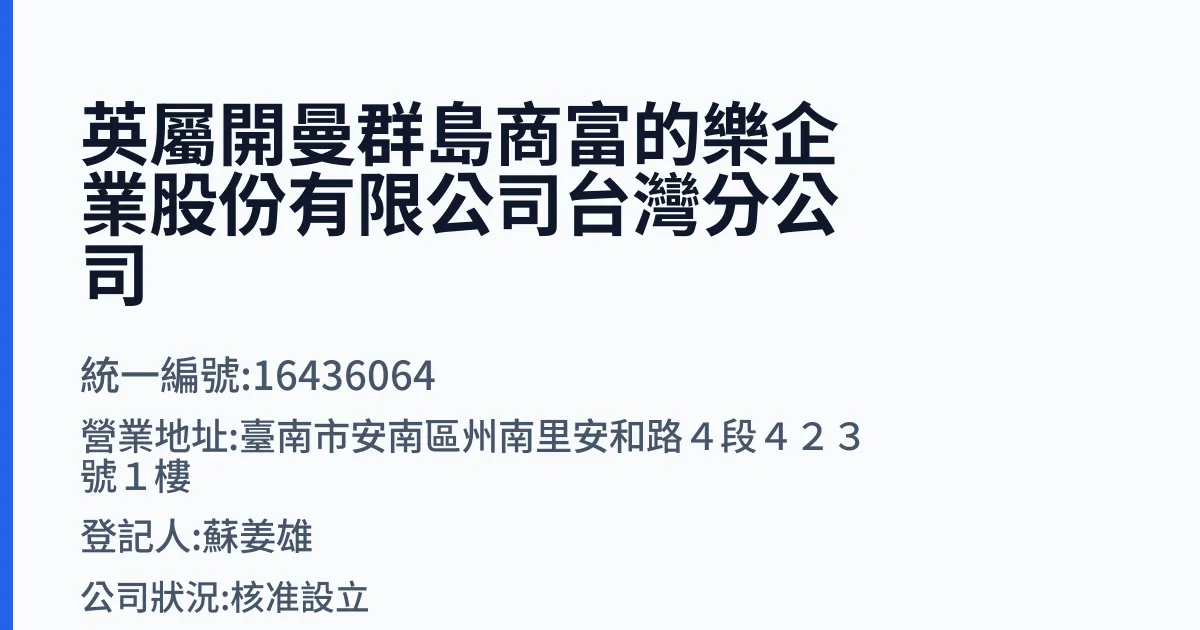英屬開曼群島商富的樂企業股份有限公司台灣分公司 - 統編 16436064(臺南市) 公司登記資料與營業項目詳細圖表