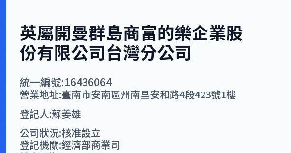 英屬開曼群島商富的樂企業股份有限公司台灣分公司的照片-統編 16436064(臺南市) 公司登記資料與營業項目詳細圖表
